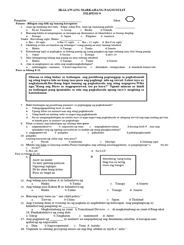 2nd PT FILIPINO 9 | PDF