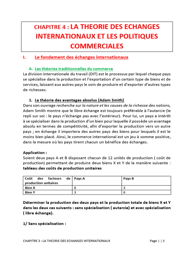 CHAPITRE 4 Les TH Ories Des Changes Internationaux | PDF | Protectionnisme | Libre-échange