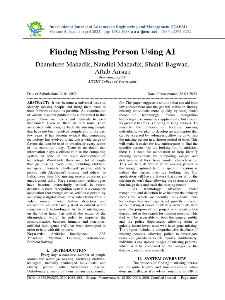 Findng Missing Person Using AI | PDF | Artificial Intelligence | Intelligence (AI) & Semantics
