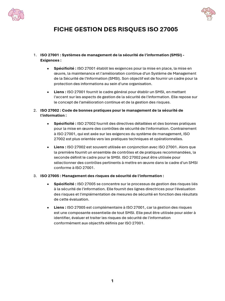 Fiche Gestion Des Risques Iso 27005 | PDF | Sécurité des systèmes d'information | Sécurité