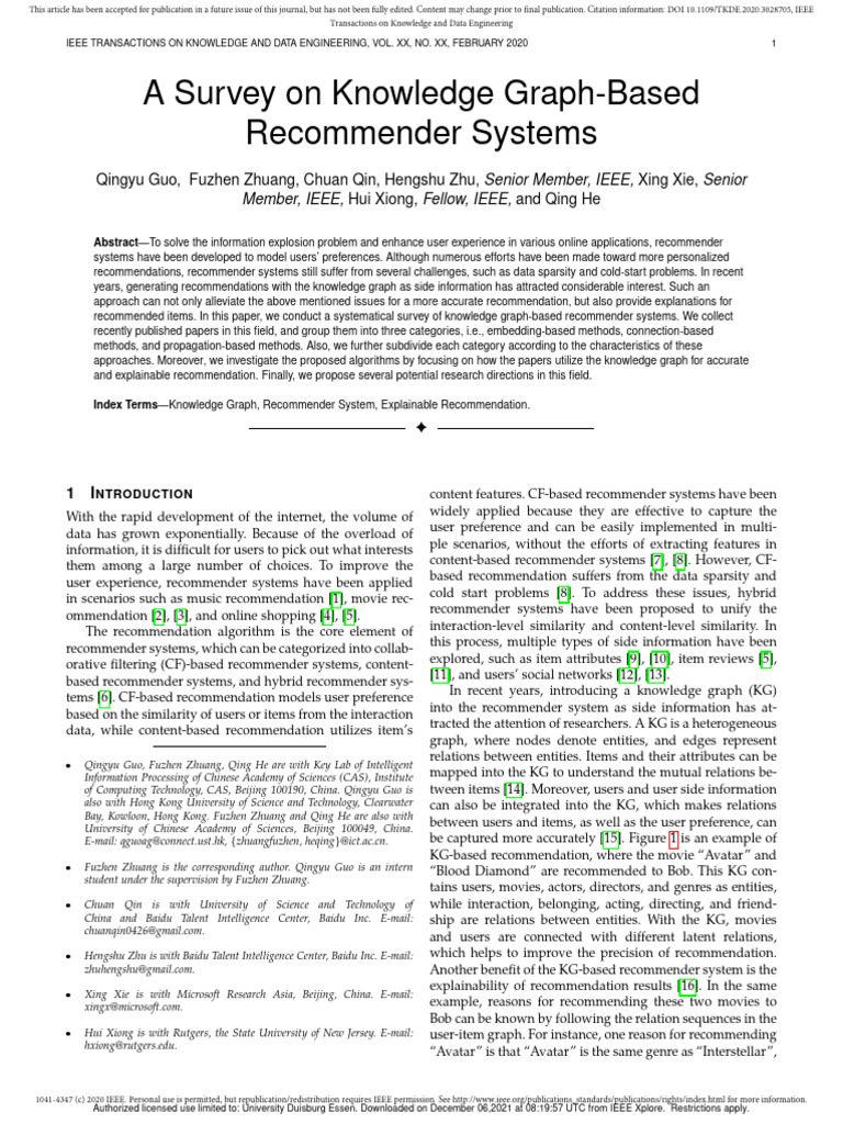 19sciebo2020 Tkde Guo A Survey On Knowledge Graph Based Recommender Systems Pdf Information 