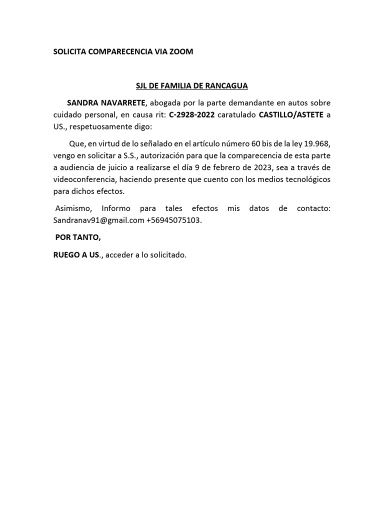 Solicita Comparecencia Via Zoom | PDF