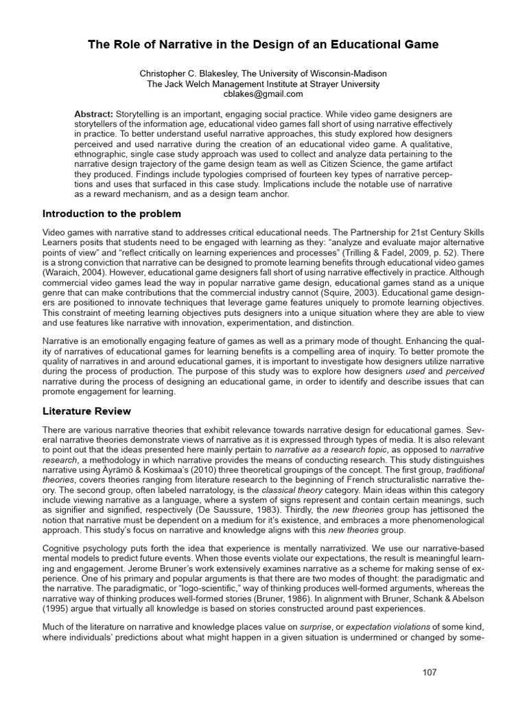 16.the Role of Narrative in The Design of An Educational Game | PDF | Narrative | Theory