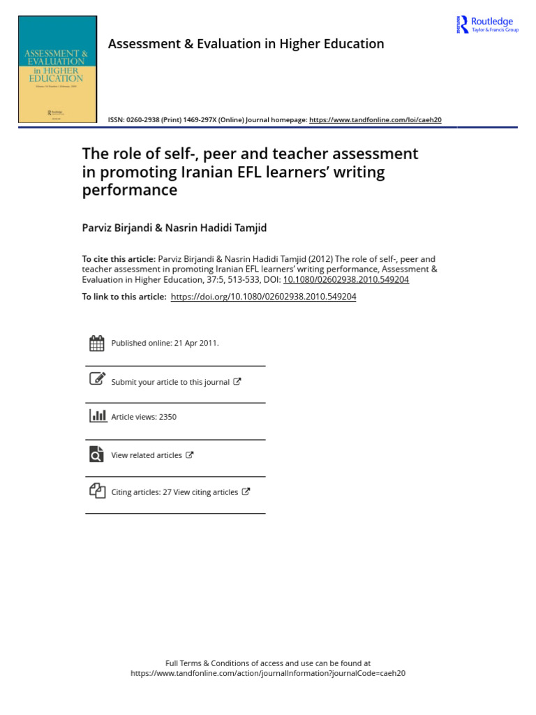 The Role of Self - Peer and Teacher Assessment in Promoting Iranian EFL ...