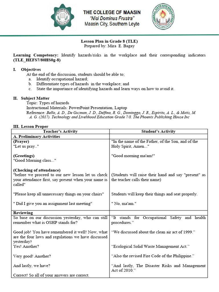 LP Grade-8 TLE Types of Hazards | PDF | Hazards | Occupational Safety And Health