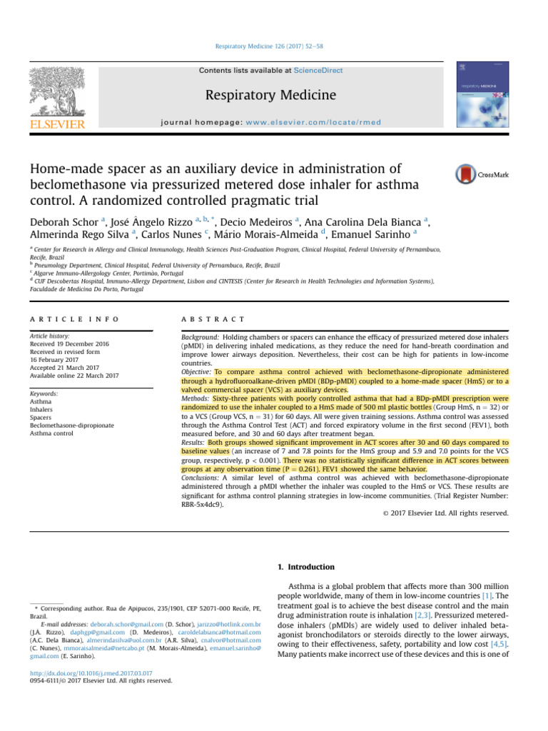Schor Home Made Spacers For Asthma Prgmatic Trial Resp Med 2017 | PDF ...