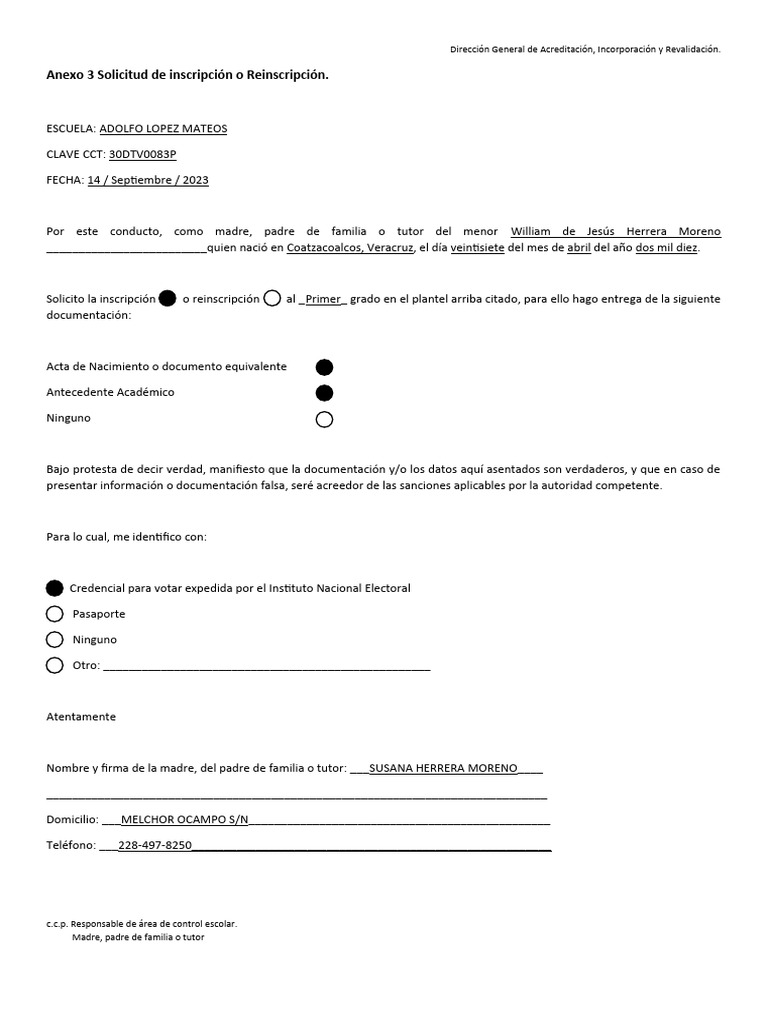 Anexo 3 Solicitud de Inscripción o Reinscripción. | PDF