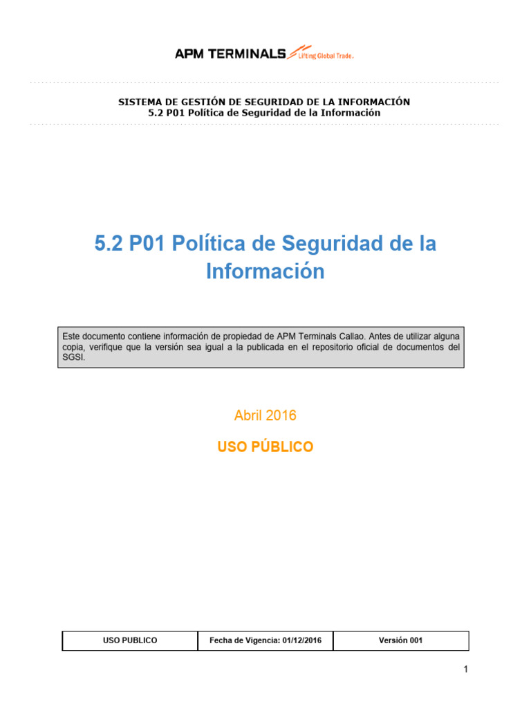 52 P 01 Poltica de Seguridad de La Informacin R 1 | PDF | La seguridad informática | Seguridad
