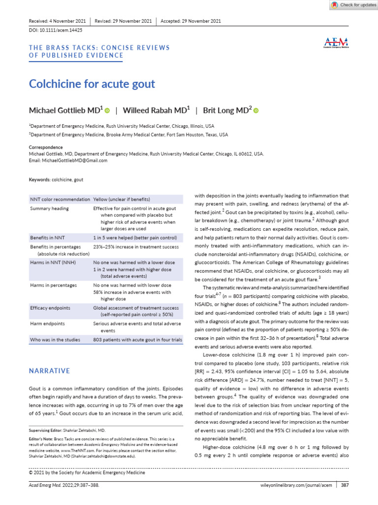 Acute Gout: Colchicine Efficacy & Risks | PDF | Gout | Pain Management