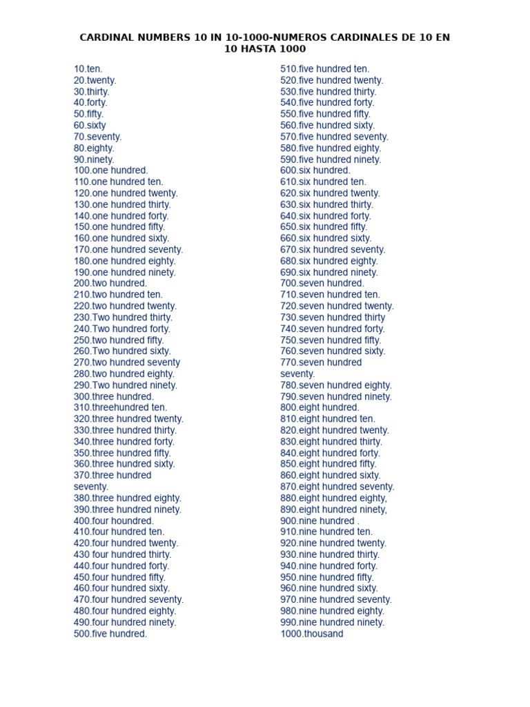 Numeros Cardinales De 10 En 10 Hasta 1000 Pdf