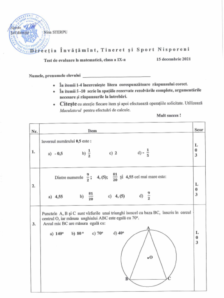 Proba La Matematica Clasa A 9 2021 | PDF