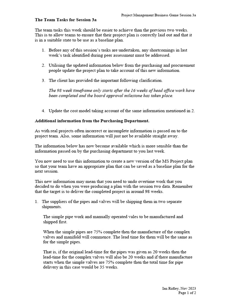Project Management Game: Session 3a Tasks | PDF | Business