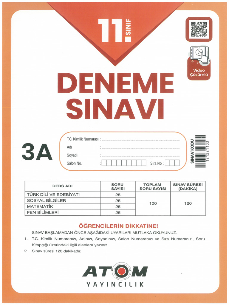 Atom Yayıncılık 11. Sınıf Deneme Sınavı 3A Sınav Kodu 121221103 | PDF