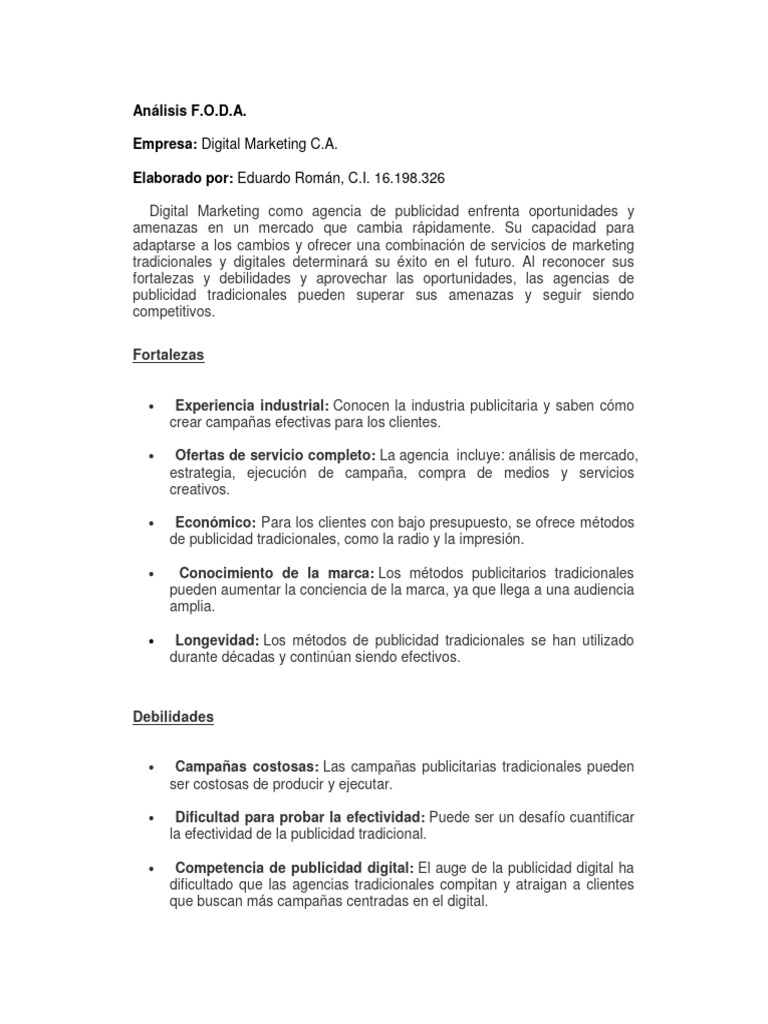 Análisis FODA - Eduardo Roman | PDF | Publicidad | Marketing