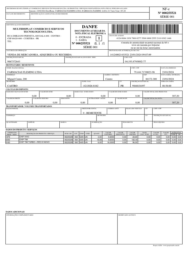 Danfe: SÉRIE 001 | PDF | Recibo | Documento
