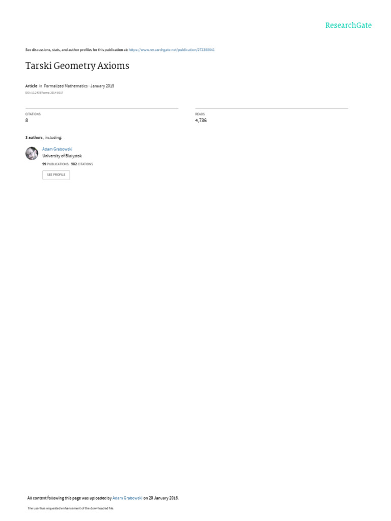 Tarski Geometry Axioms | PDF | Mathematics | Mathematical Logic Tarski Geometry Axioms | PDF | Mathematics | Mathematical Logic