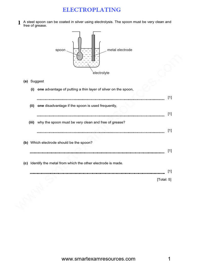 4 4 Igcse Chemistry Topic 4 Electrochemistry Electroplating Set 1 Qp Ms