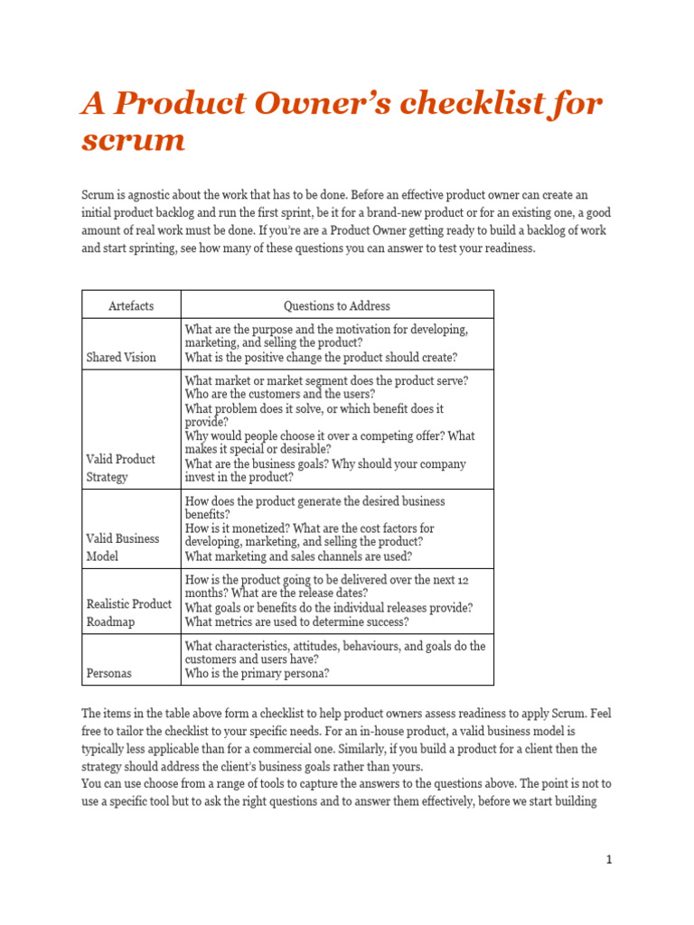 Scrum Checklist for Product Owners | PDF | Scrum (Software Development ...
