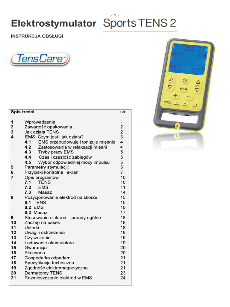 Instrukcja Obslugi Elektrostymulatora Sports Tens 2 Tenscare1 | PDF