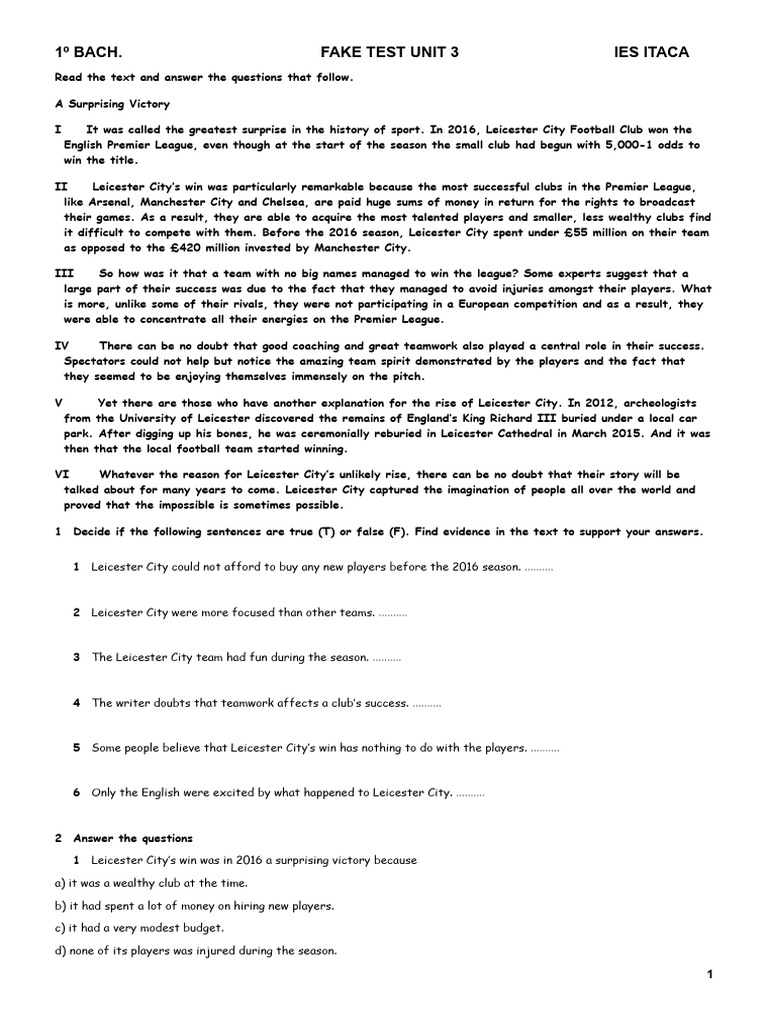1º Bach. Fake Test Unit 3 | Download Free PDF | Premier League