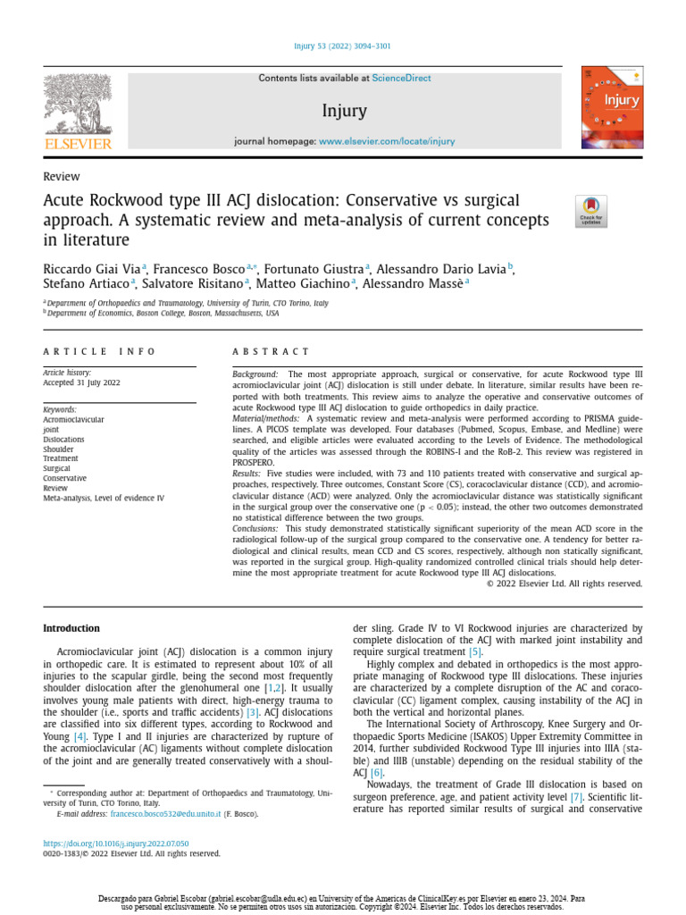 Acute Rockwood Type III ACJ Dislocation, Conservative Vs Surgical | PDF ...