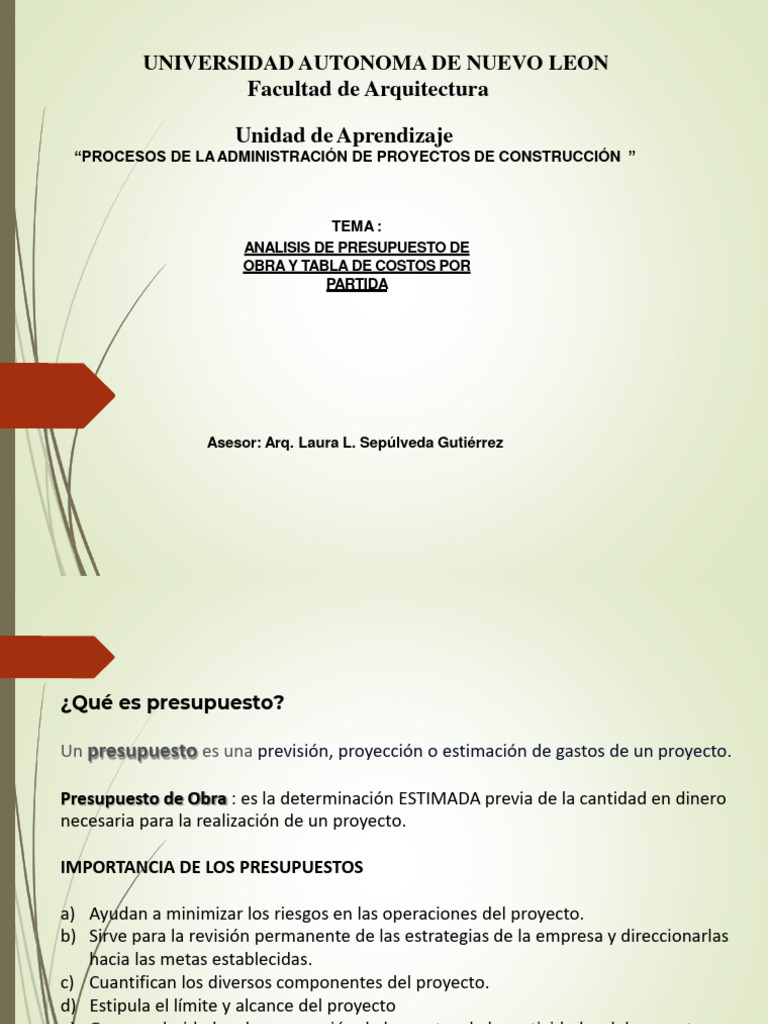TEMA 8. ANALISIS DE PRESUPUESTO DE OBRA Y TABLA DE COSTOS POR PARTIDA | PDF | Presupuesto | Business
