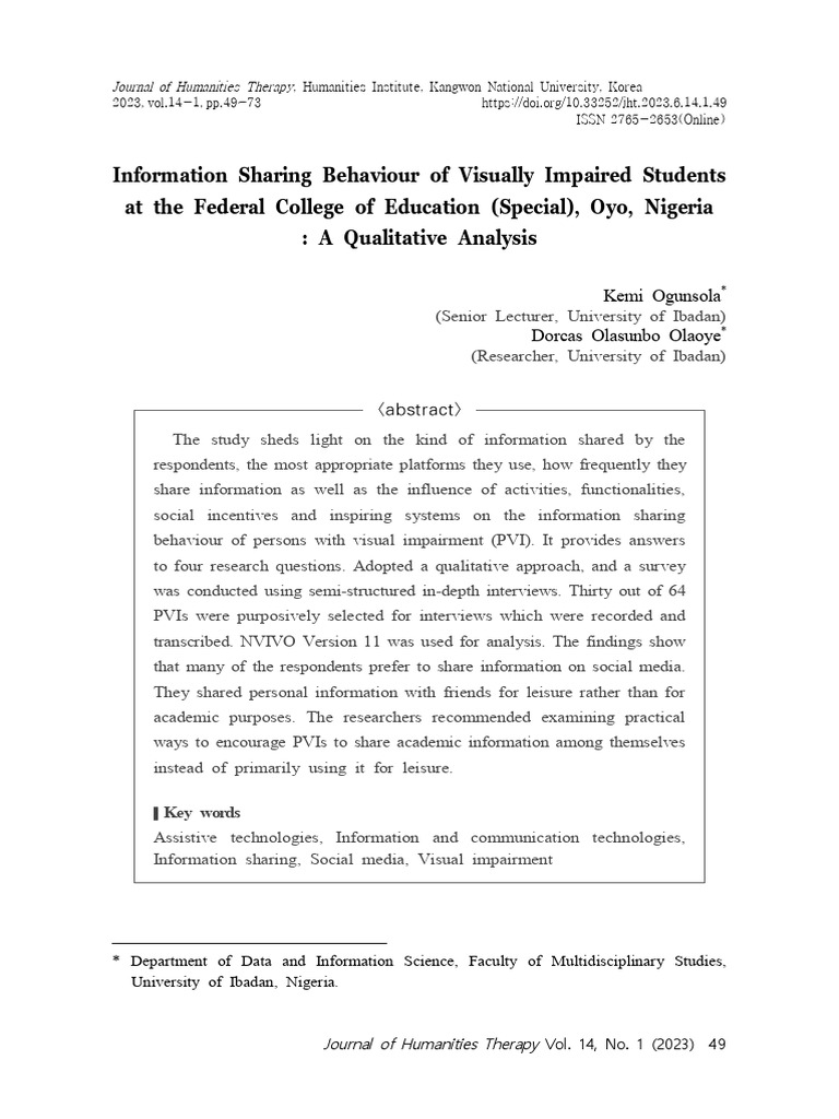 Information Sharing by Visually Impaired Students | PDF | Visual ...