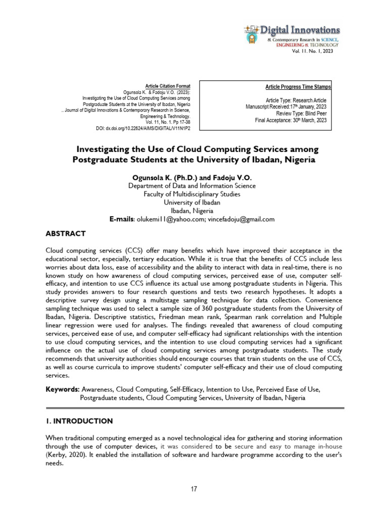 OGUNSOLA and FADOJU (2023) - Investigating Use of Cloud Computing Services | PDF | Software As A ...