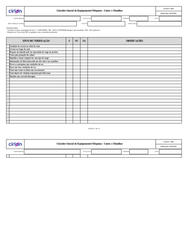 Checklist Cintas e Manilhas | PDF