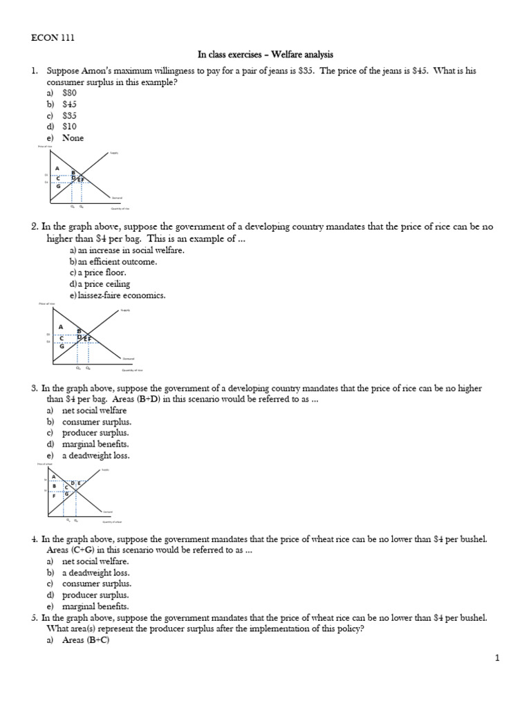 Econ 111: Welfare Analysis Exercises | PDF | Economic Surplus | Minimum ...