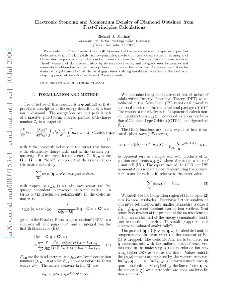 Electronic Stopping and Momentum Density of Diamond Obtained From First-Principles Calculations ...