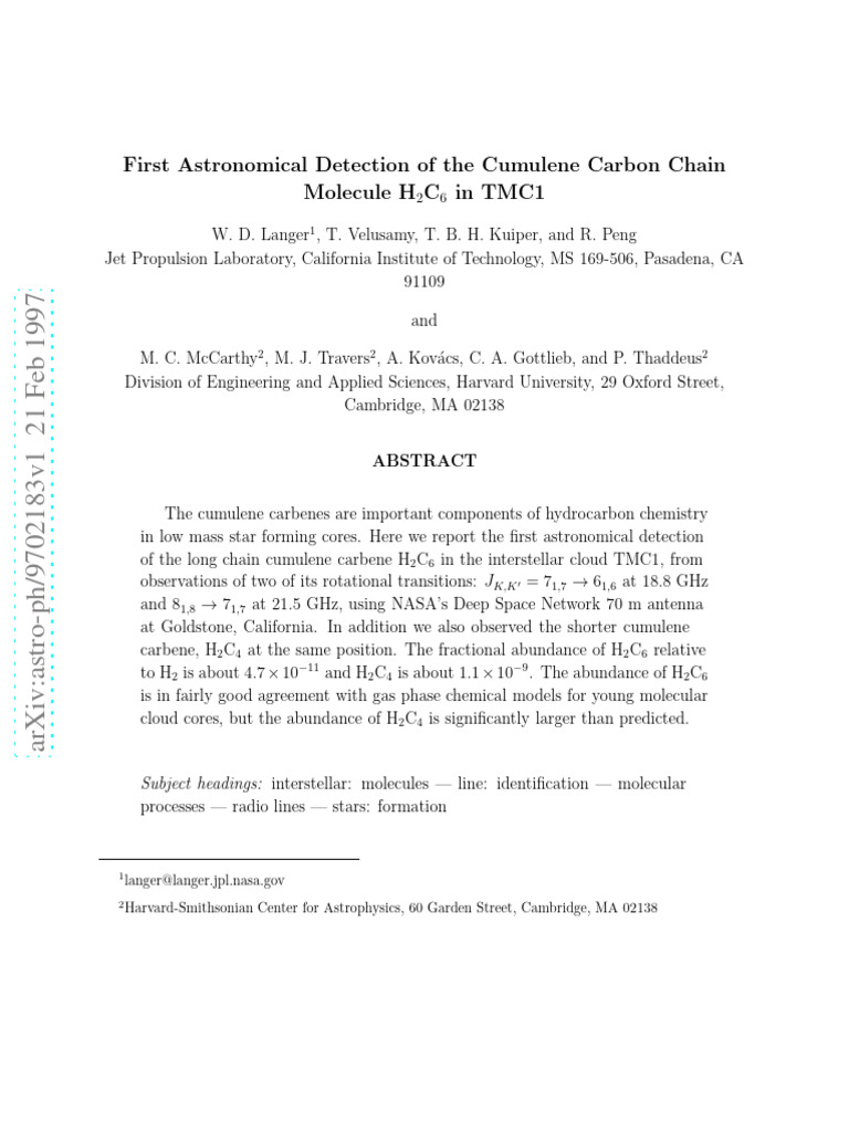 First Astronomical Detection of The Cumulene Carbon Chain Molecule H C in TMC1 | PDF | Spectral ...