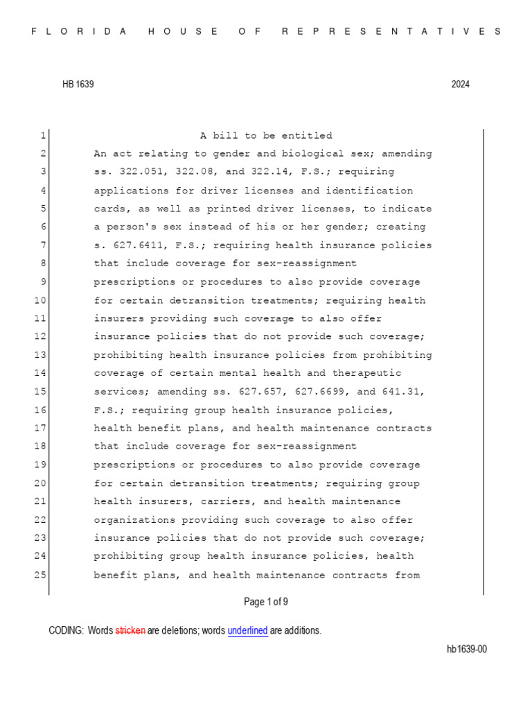 Hb 1639 Gender And Biological Sex Pdf Identity Document Insurance