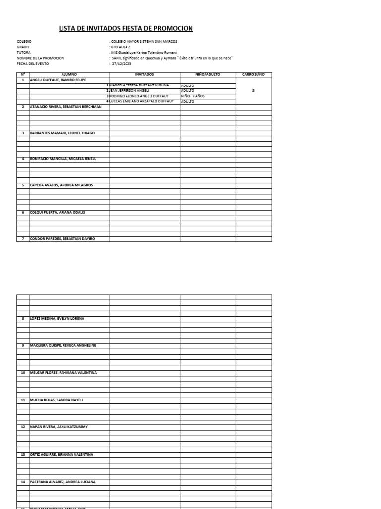 Lista de Invitados Fiesta de Promocion 6to 2 | PDF