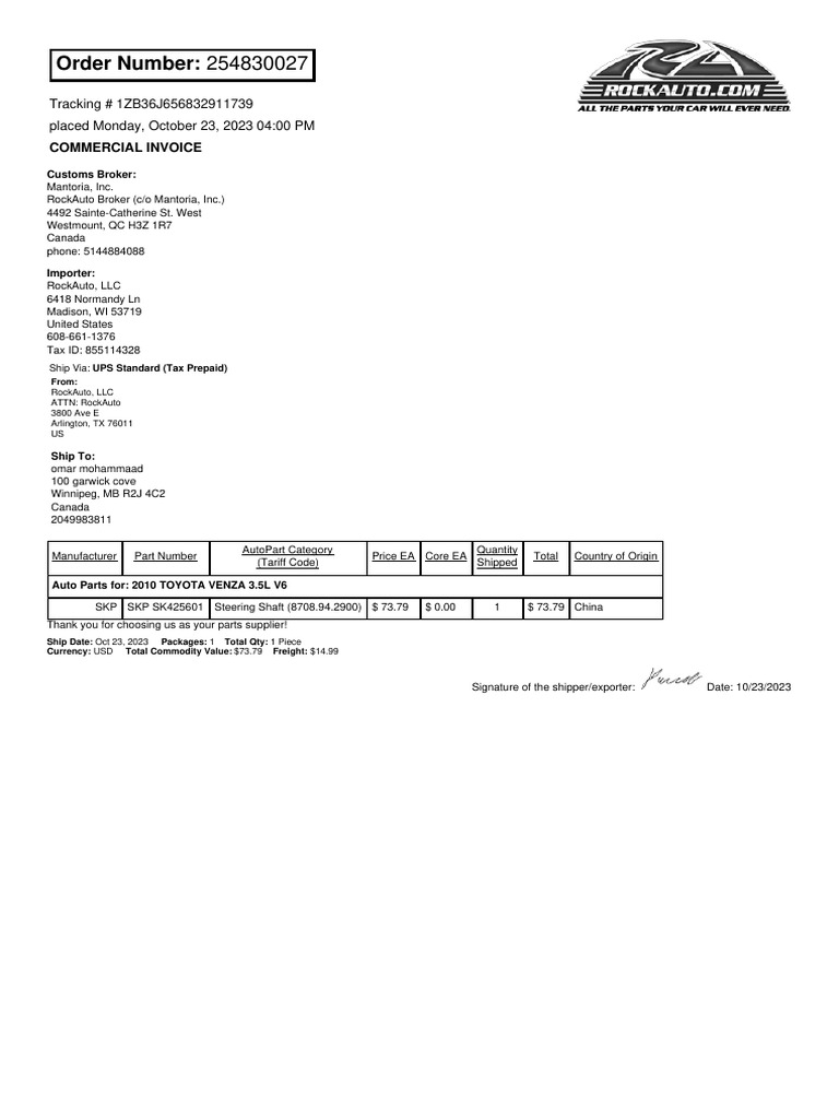 RockAuto Commercial Invoice for Shipment | PDF