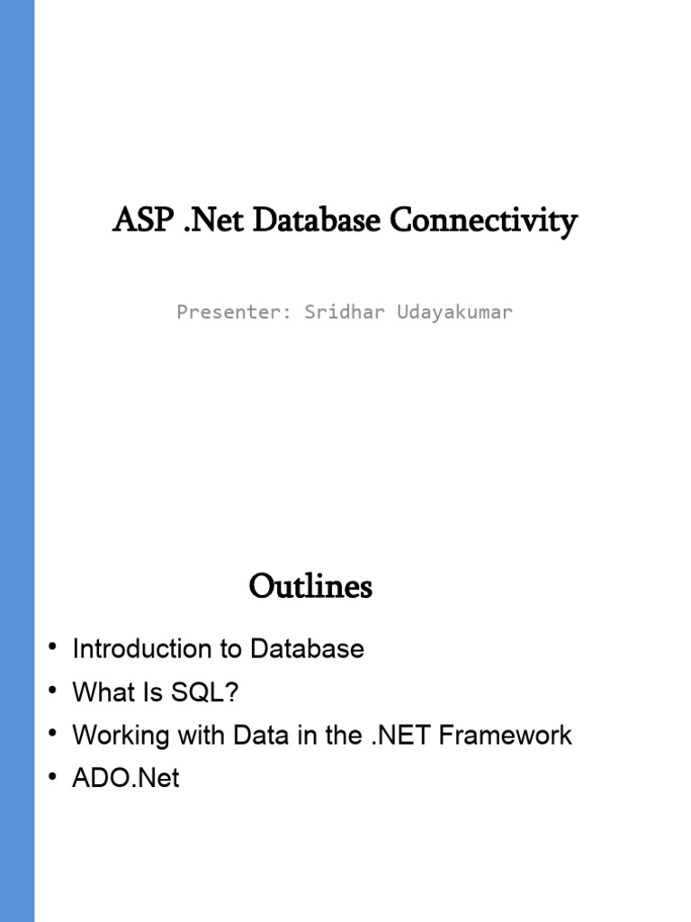 ASP .Net Database Connectivity Presentation | PDF | Databases | Sql