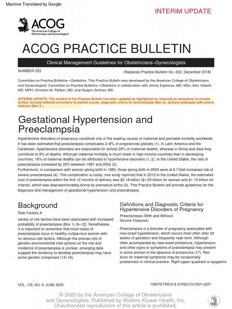 Gestational Hypertension and Preeclampsia ACOG Practice Bulletin ...