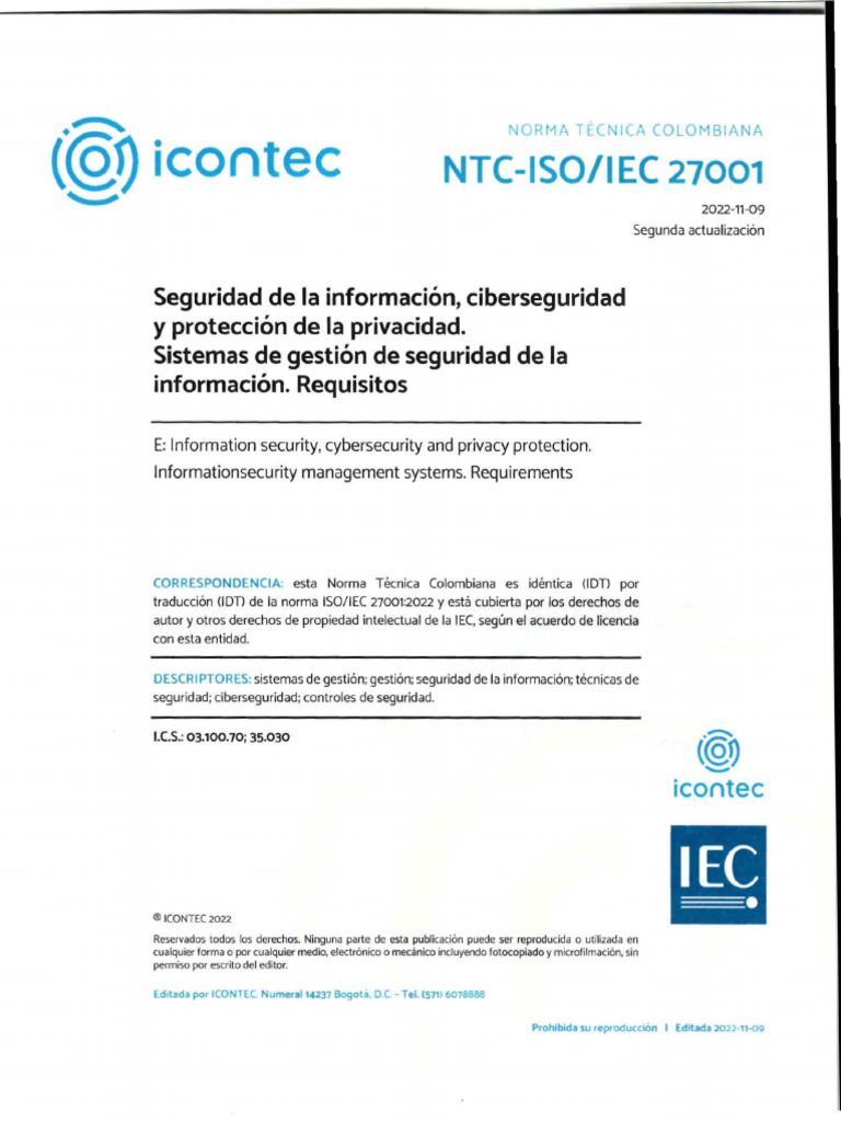 Norma NTC Iso Iec 27001 2022 | PDF | Seguridad de información | Auditoría