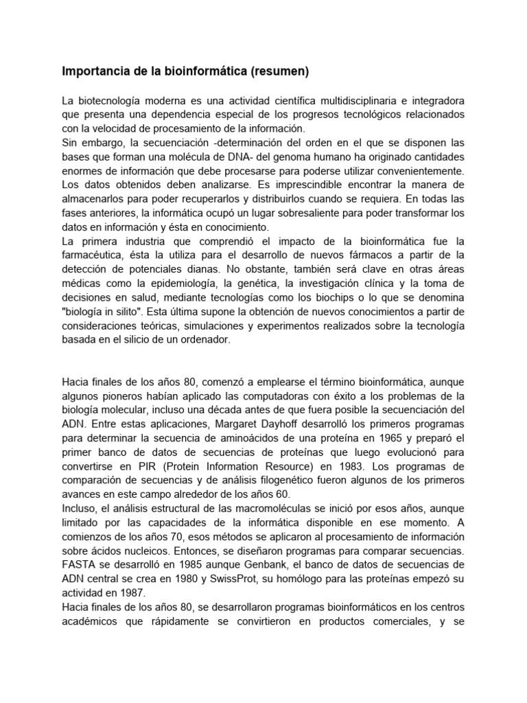 Importancia de La Bioinformática (Resumen) | PDF | Bioinformática | Biotecnología