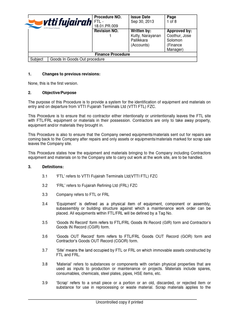 FTL - 18.01.PR.009 Goods IN Goods OUT Procedure | PDF | Economies