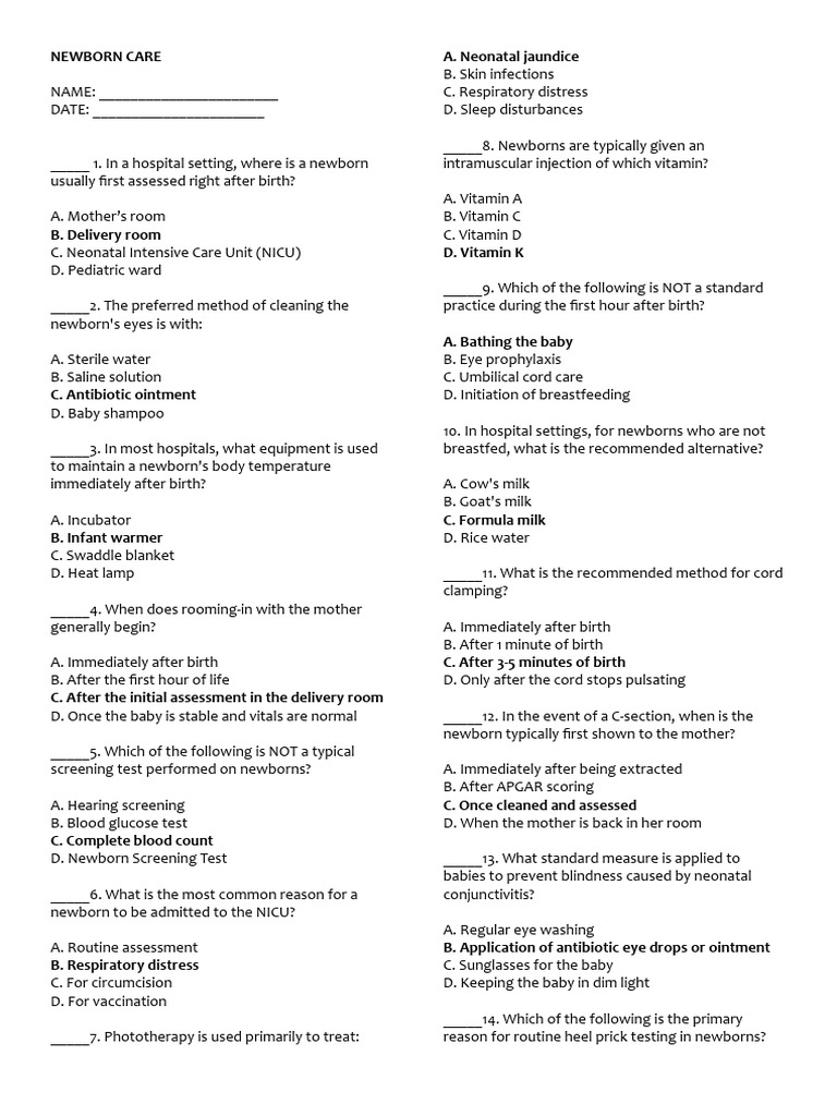 NEWBORN CARE Quiz | PDF | Neonatal Intensive Care Unit | Infants