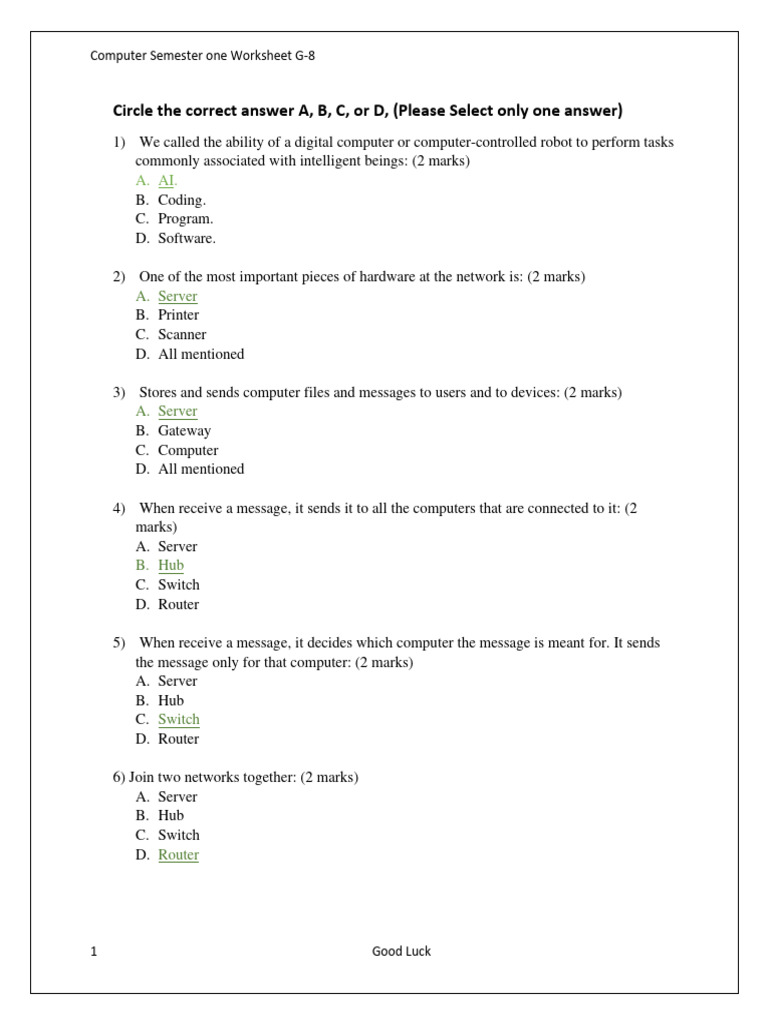G-8 Computer Sem1 Worksheet | PDF | Computer Network | Router (Computing)