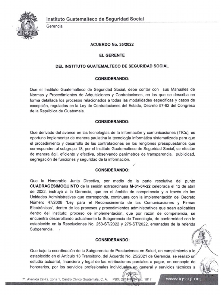 ACUERDO 35-2022 Gerencia - Manual de Nomas y Procedimientos Contratacion Subgrupo 18 | PDF