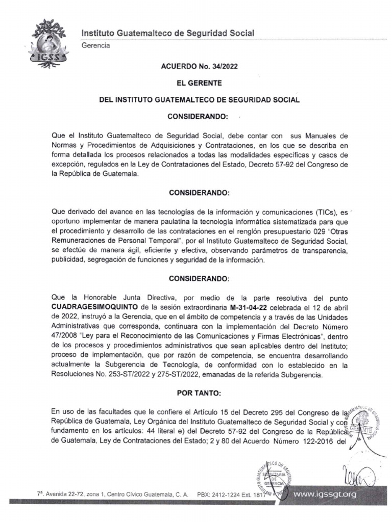 ACUERDO 34-2022 Gerencia - Manual de Normas y Procedimientos Contratacion Renglon 029 | PDF