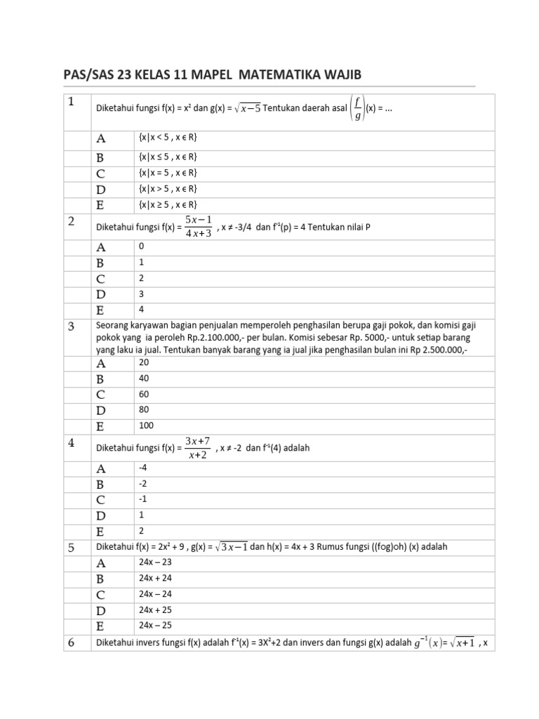 SOAL TEMPLATE SAS Matematika Umum Ganjil 2023 - 2024 | PDF
