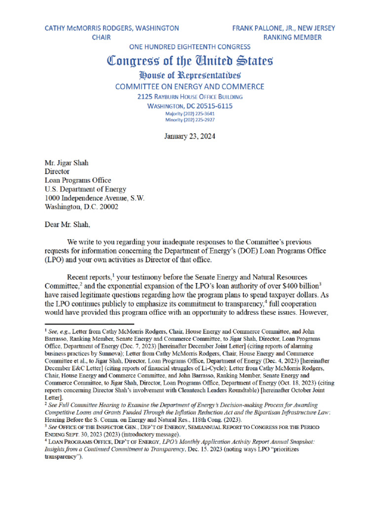 Letter To DOE LPO Director Shah | PDF