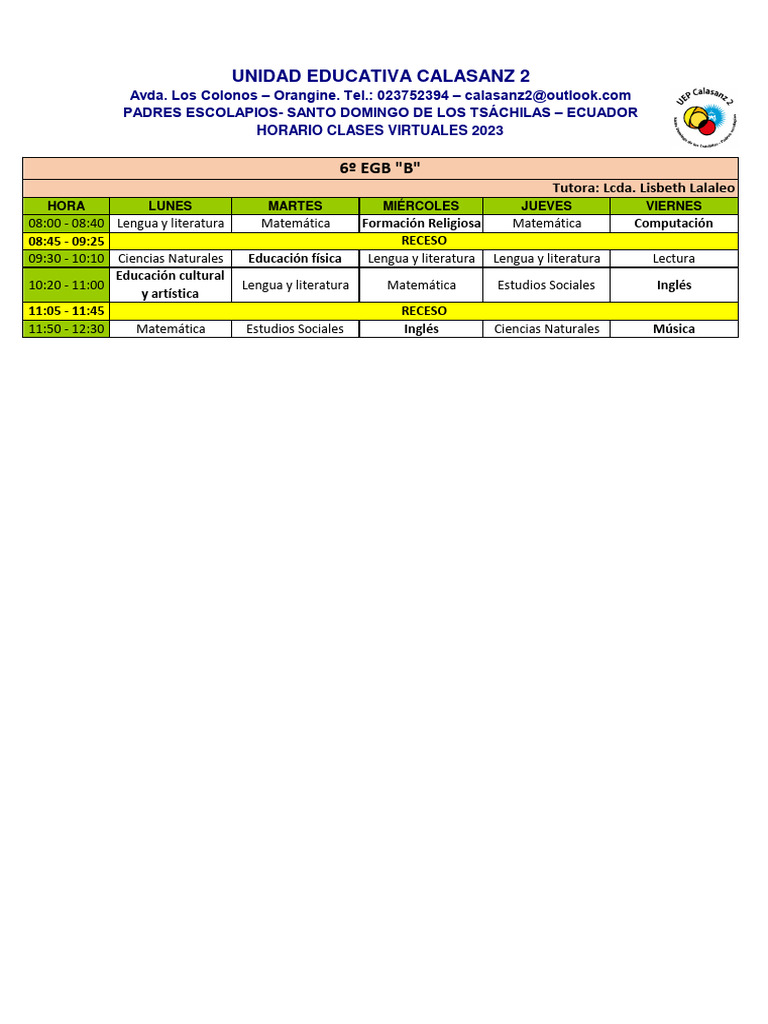 Unidad Educativa Calasanz 2: 6º EGB "B" | PDF