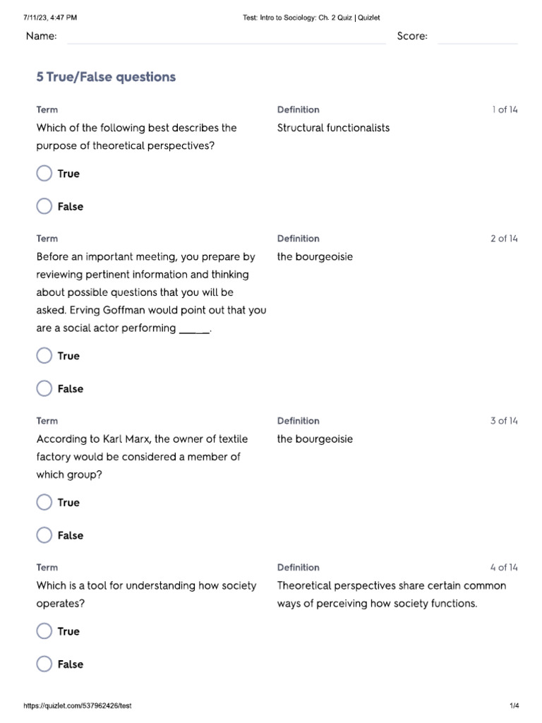Sociology Chapter 2 Quiz | PDF