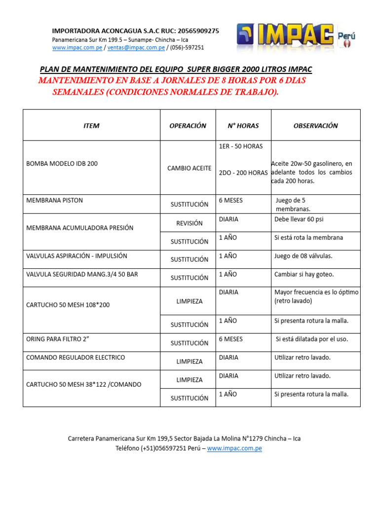 Mantenimiento Super Bigger 2000 Litros IMPAC | PDF | Ingeniería mecánica