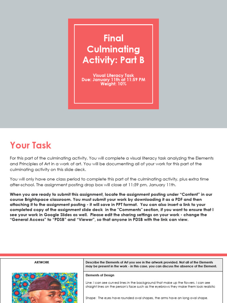 Grade 10 Art - Final Culminating Activity - Part B - Visual Literacy Task | PDF | Color | Vision